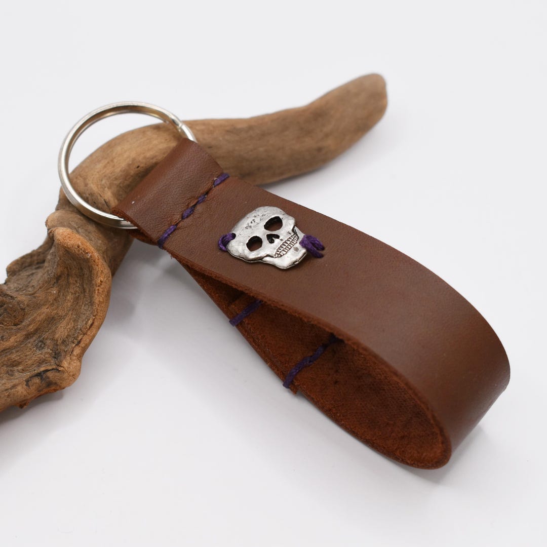 PERSONALIZED Sugar Skull Leather Keychain, Halloween Skeleton Keyring ...