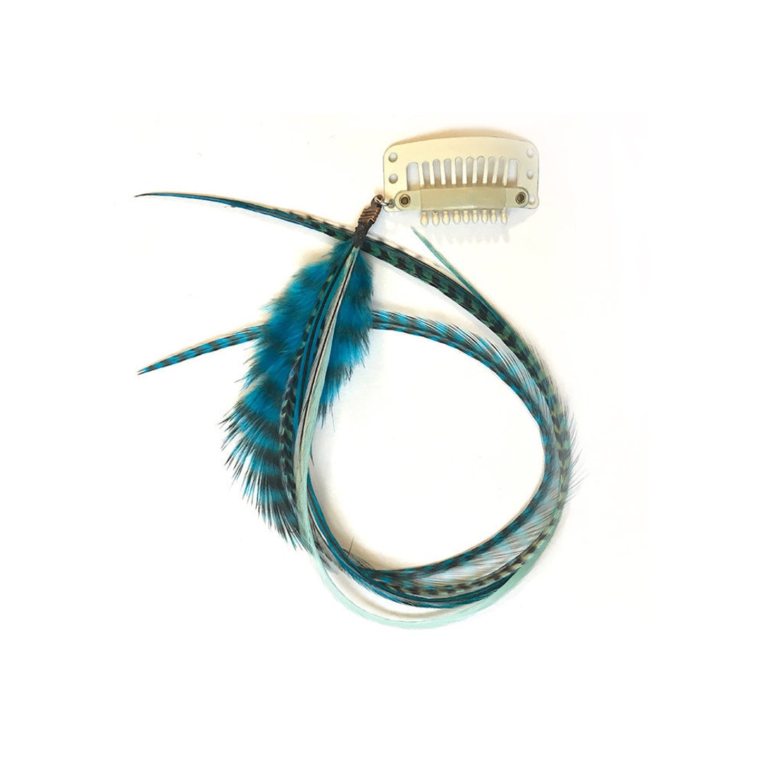 Turquoise Feather Hair Extension: Teal Grizzly Clip-in Barrette - Etsy