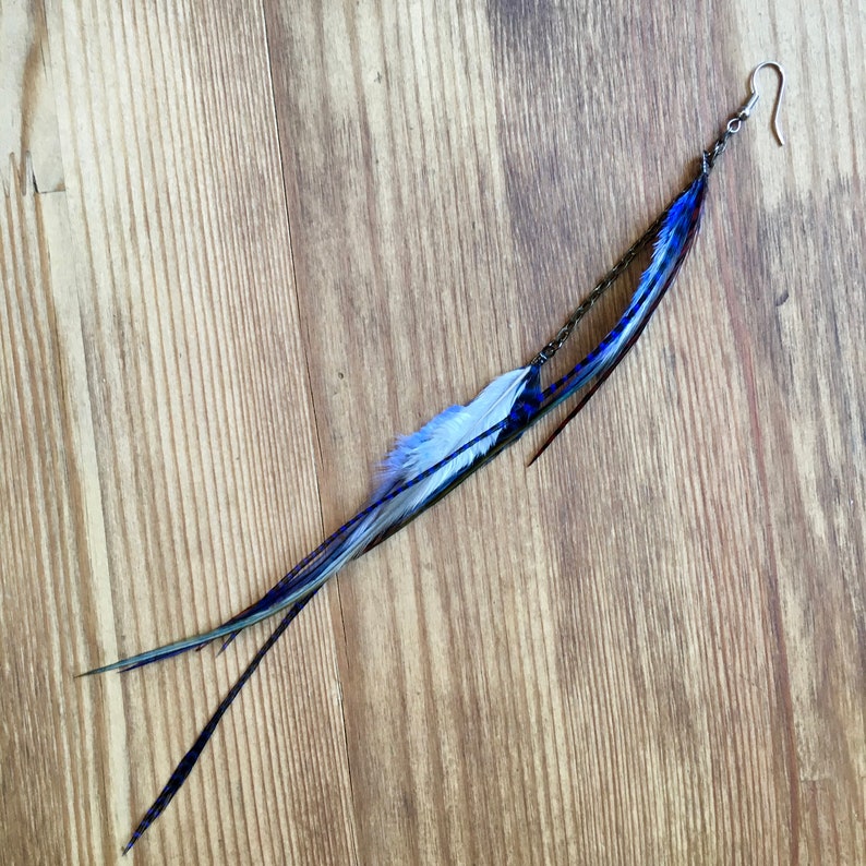Single Long Feather Cascade Earring: Blue Violet Brown Asymmetrical ...