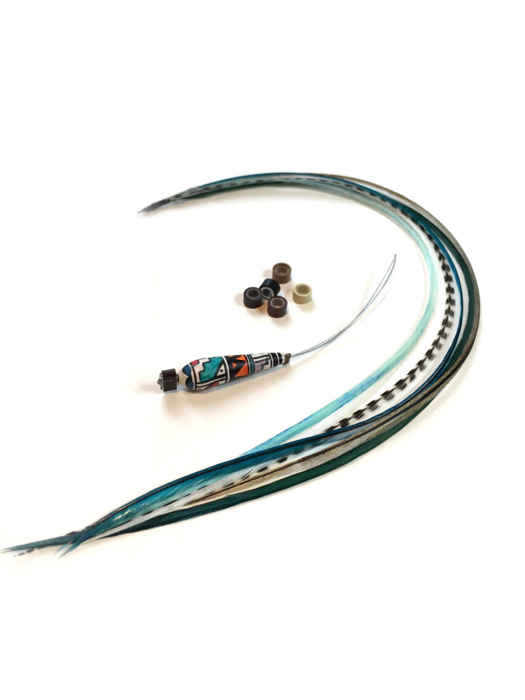 Natural Feather Hair Extension Kit: Blue Thin Feathers, Beads ...