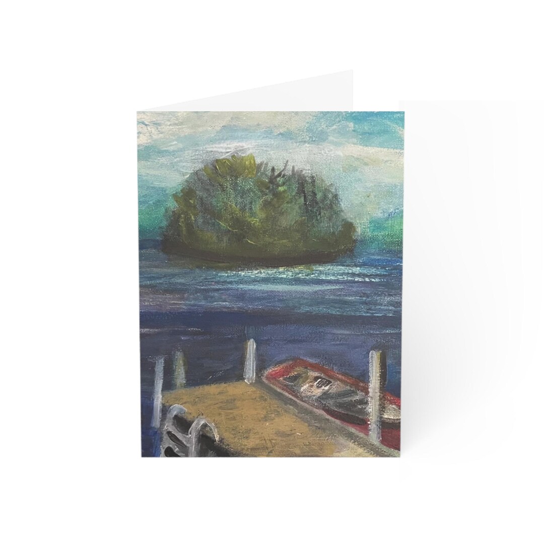 Lakeside Dock Greeting Card, Boat and Water Landscape | Blank Note ...