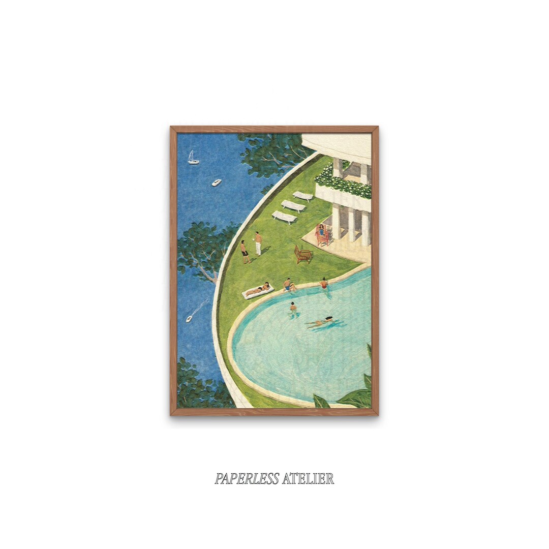 Mediterranean Poolside Art Print, Vintage Riviera Decor, Digital ...