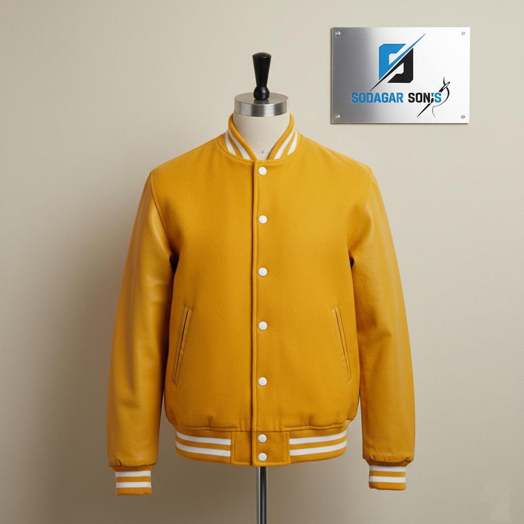 Yellow Varsity Jacket With Leather Sleeves | Handmade Wool Body ...
