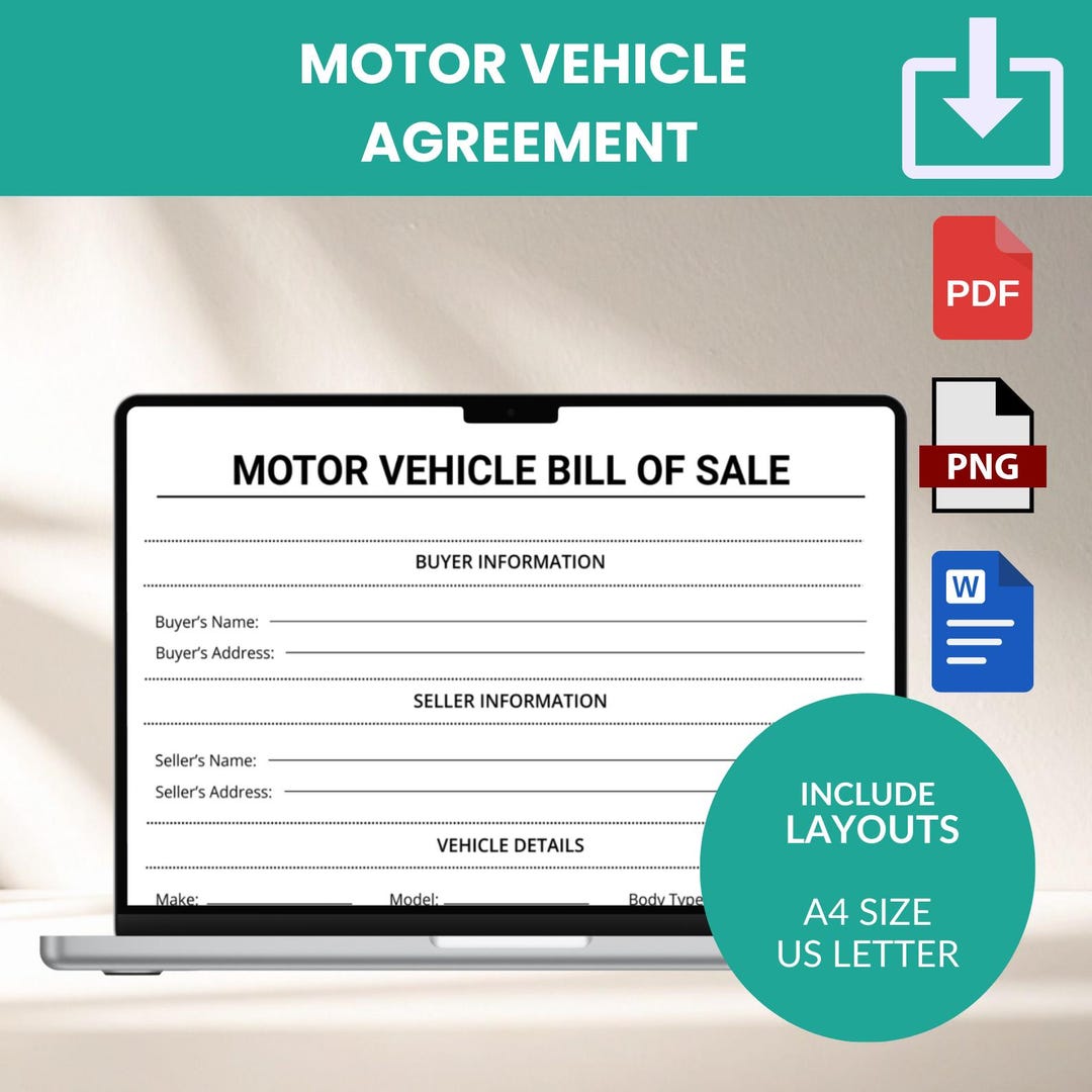 Printable Motor Vehicle Bill of | Car, Truck, Motorcycle Agreement (PDF ...
