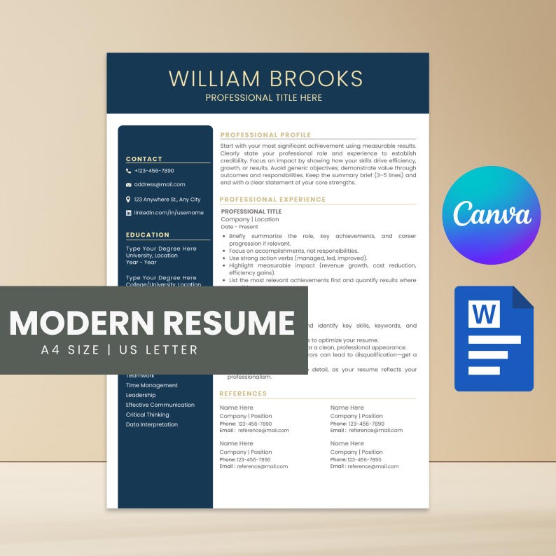 Executive Resume Template Canva, Professional Modern Corporate CV ...