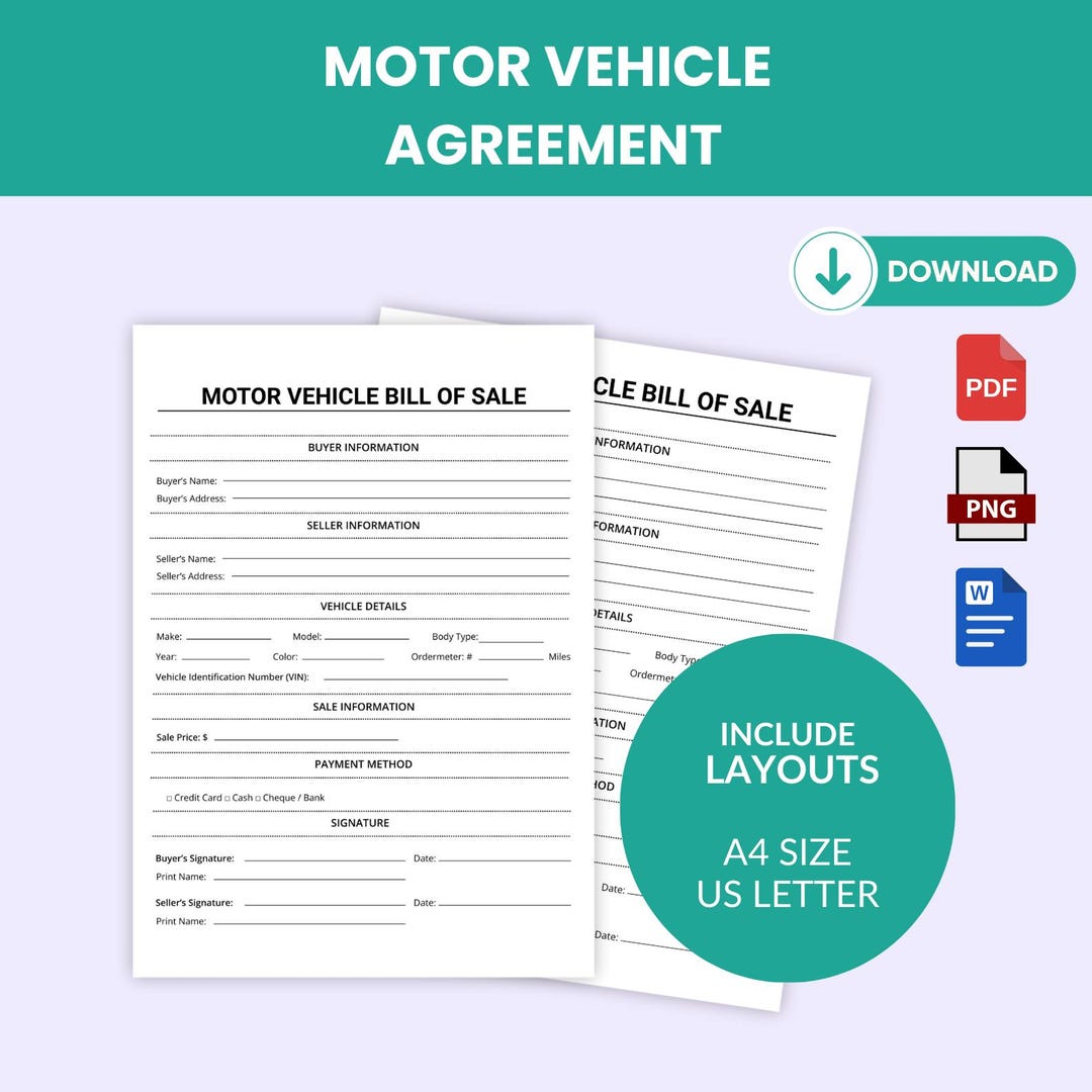 Motor Vehicle Bill of Sale Template | Vehicle Sale Agreement ...
