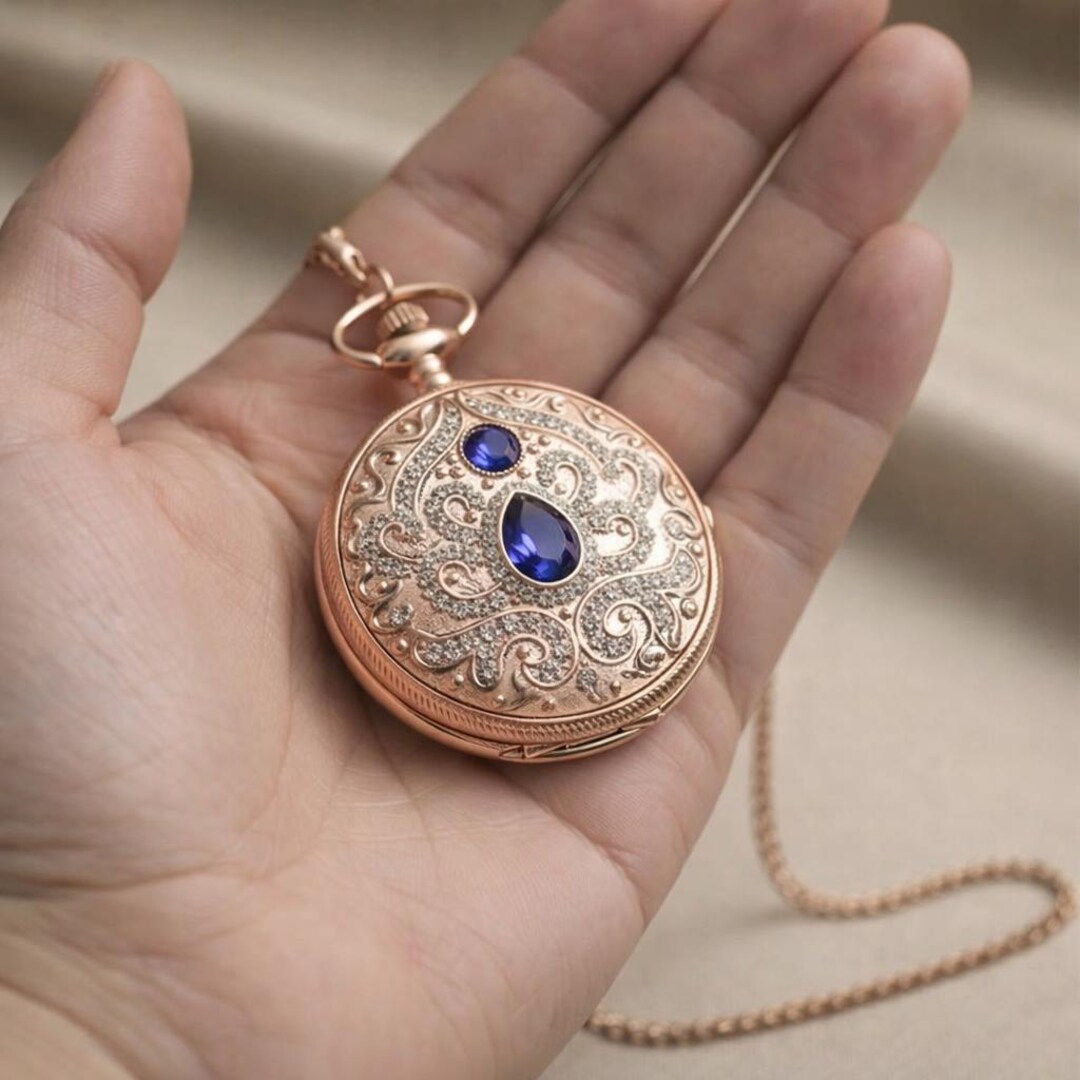 Rose Gold Teardrop Gem Pocket Watch Necklace | Luxury Gift, Valentines ...