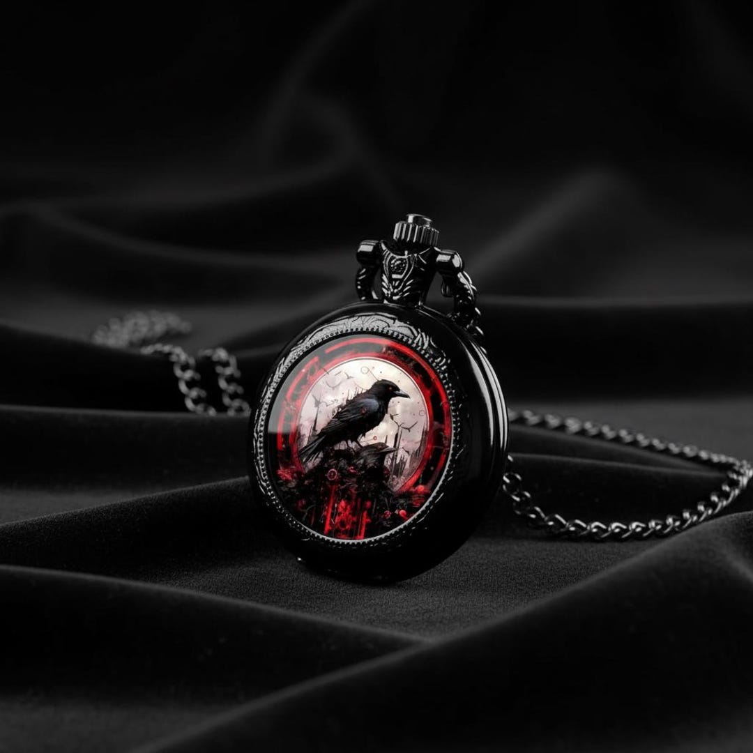 Vintage Black Crow Pocket Watch | World Time Quartz Necklace Pendant ...