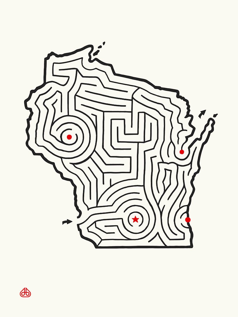 12x16 Wisconsin Map State Maze Offset Print Hand-drawn Design Milwaukee ...