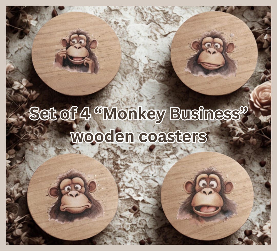 Set of 4 "monkey Business" Wooden Coasters - Etsy UK