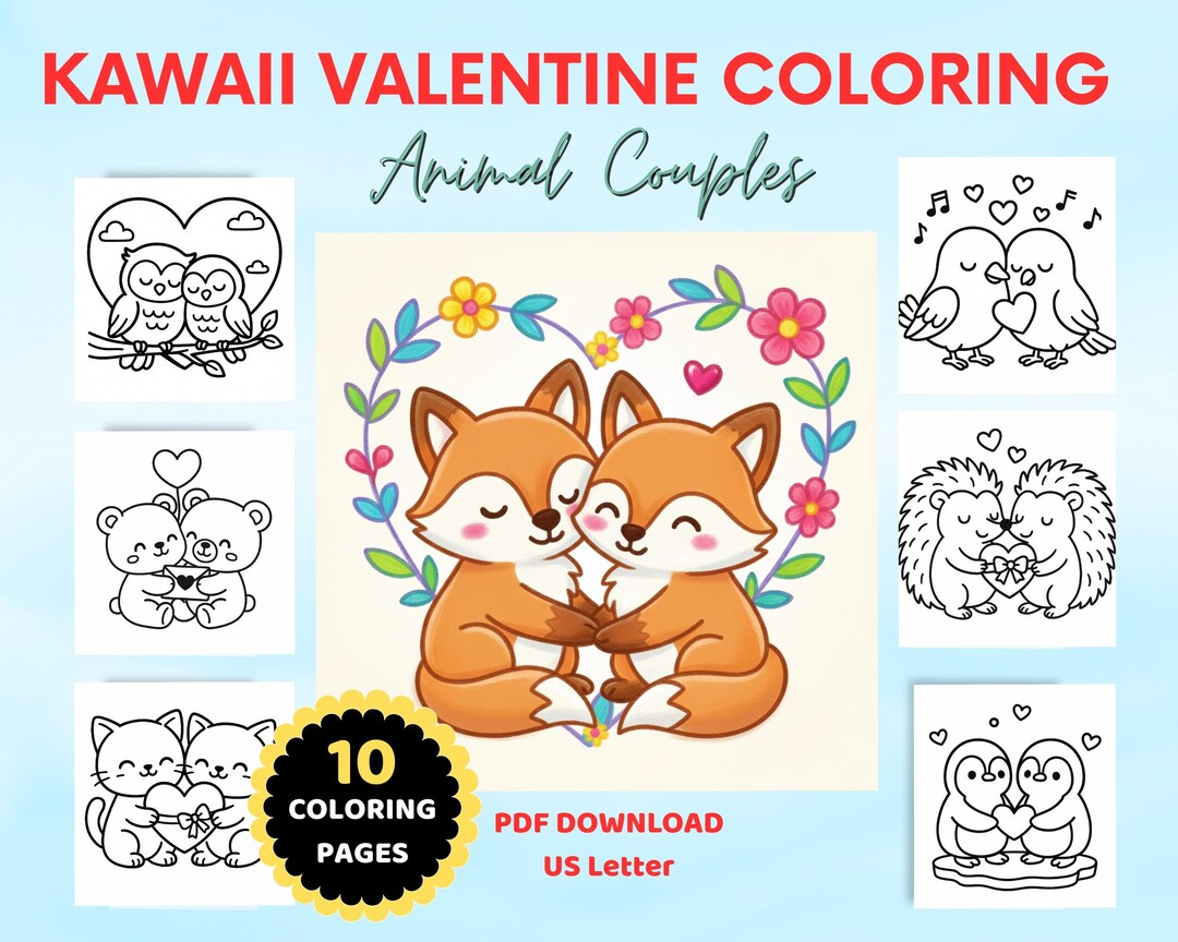 Kawaii Animal Love Coloring Pages – Valentine's Day PDF (A4/US Letter ...