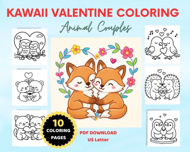 Kawaii Animal Love Coloring Pages – Valentine's Day PDF (A4/US Letter ...