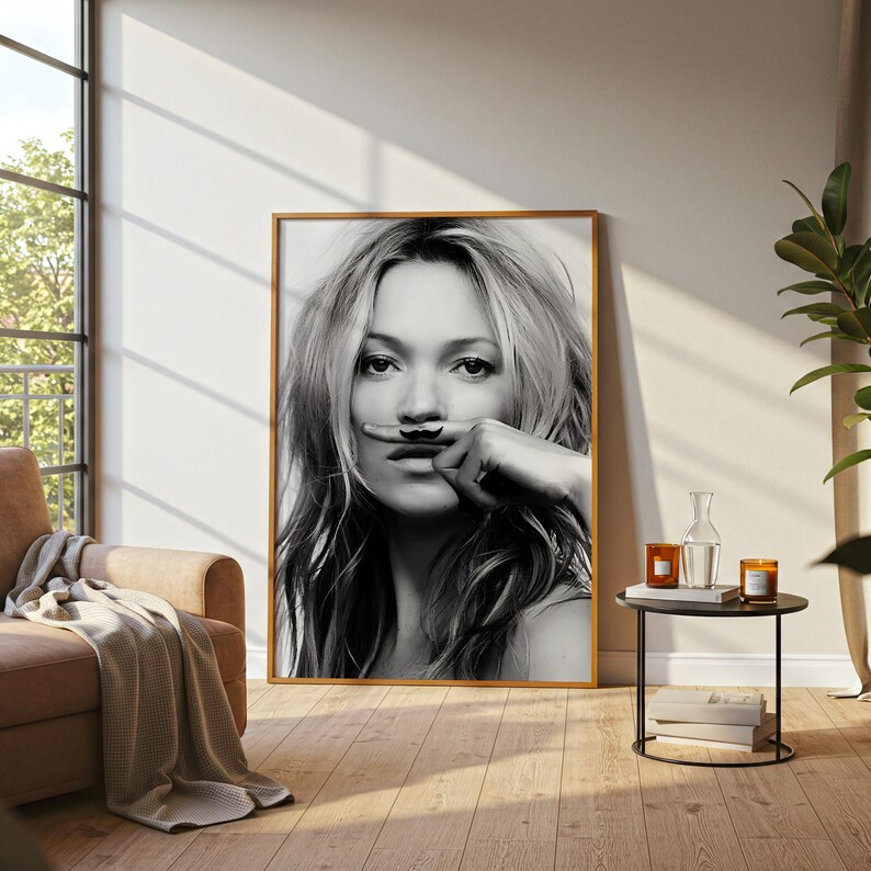 Kate Moss Moustache Finger Print, Iconic 90s Fashion Poster, Black ...
