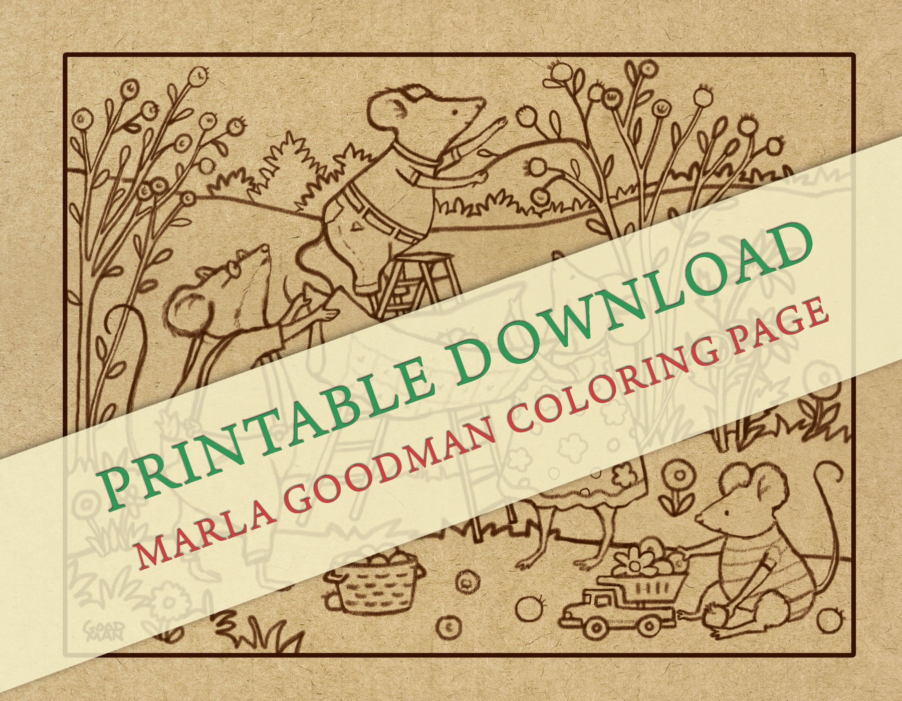 Printable Mouse Harvest Coloring Page -- Cute Mice Picking Fruit Marla ...