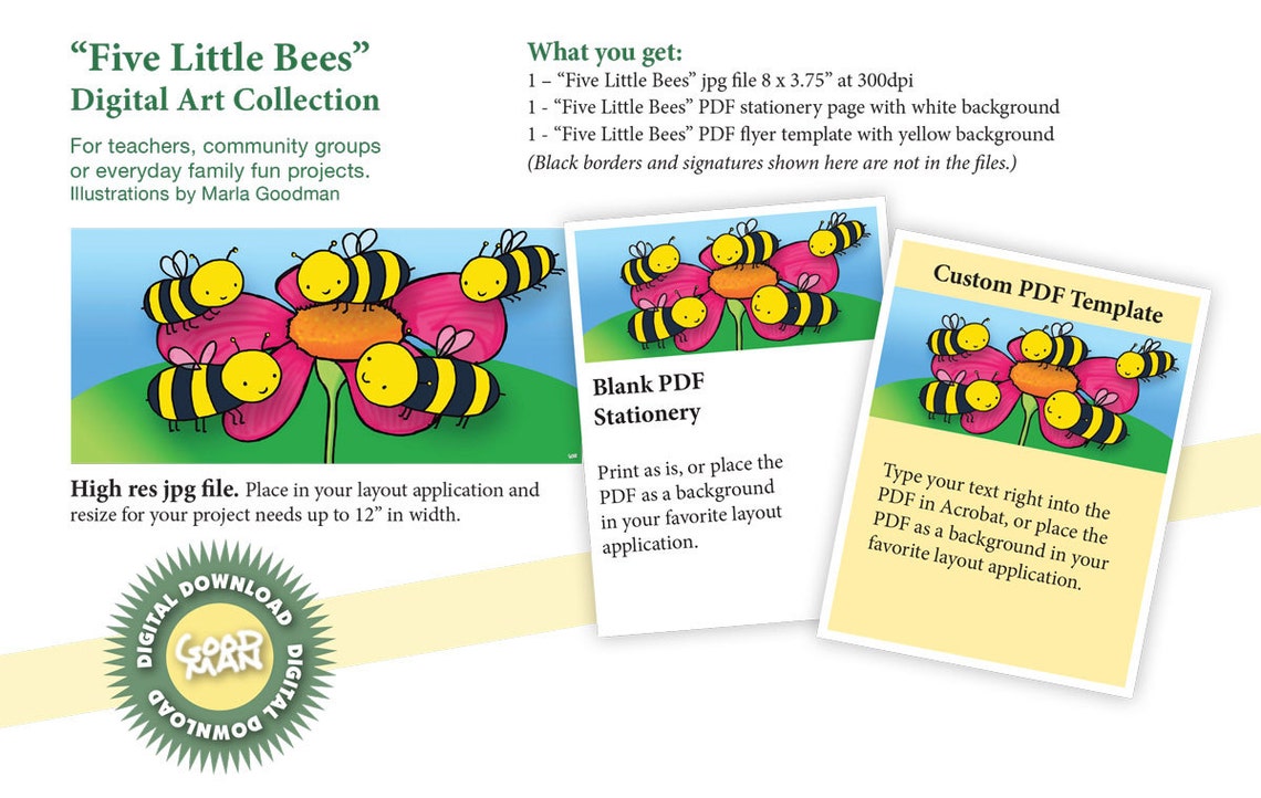 Five Little Bees Instant Digital Download, Cute Honey Bee Clipart for ...