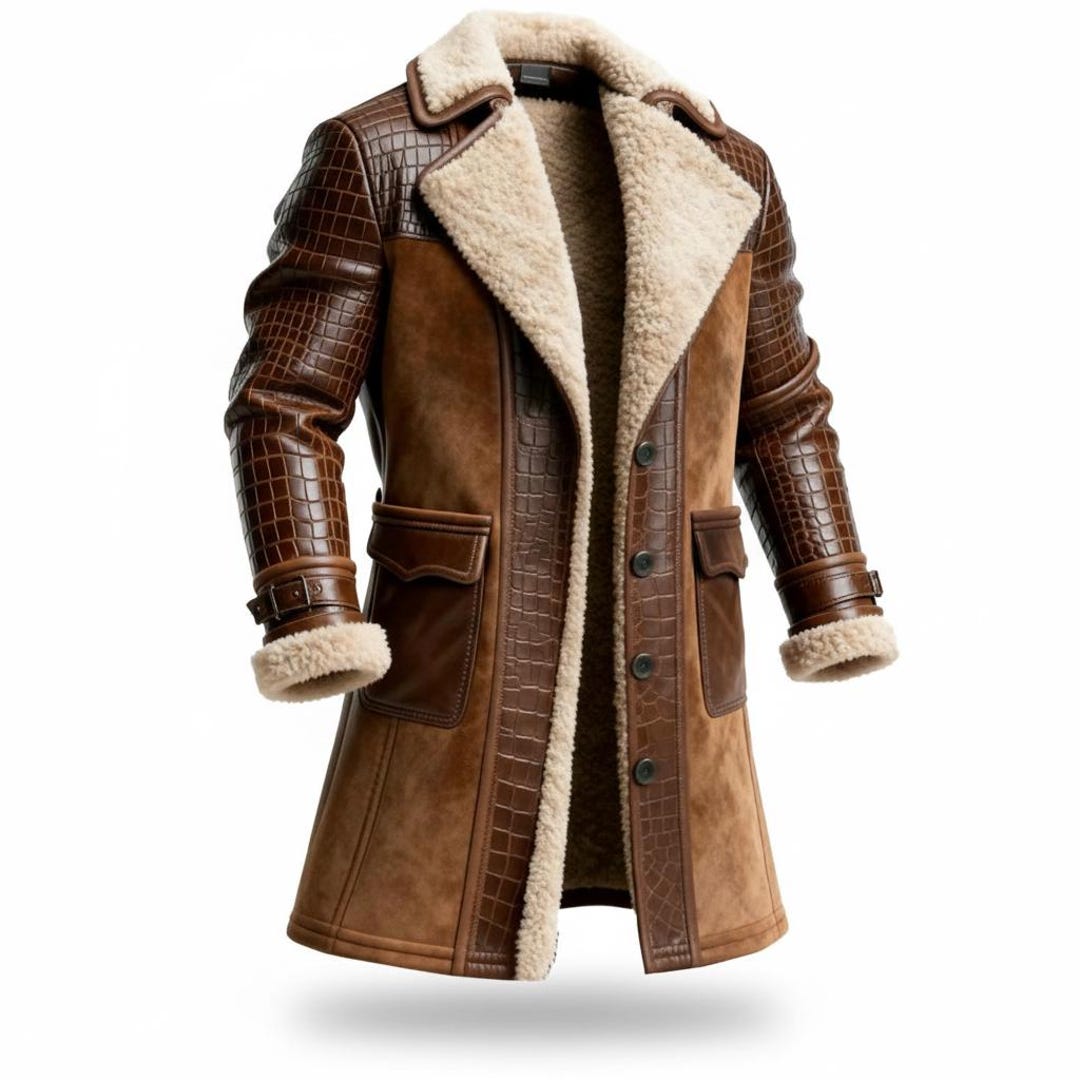 Men's Shearling Leather Trench Coat – Crocodile Embossed Western ...