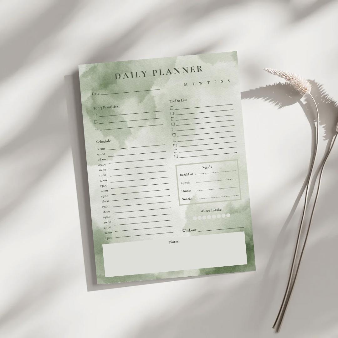 Daily Planner Printable | Green Watercolor Minimal Planner | Mindful ...