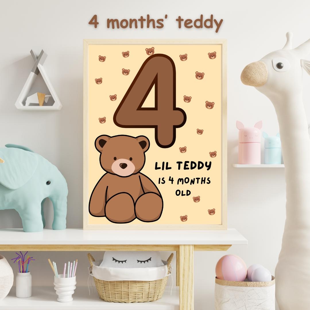 4 Months Baby Teddy Birthday Sign Teddy Bear Baby Milestone Poster Baby ...