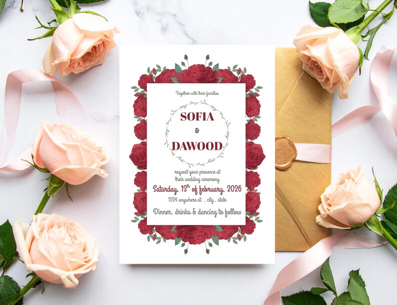 Editable Wedding Invitation Romantic Rose Floral Elegant Ceremony ...