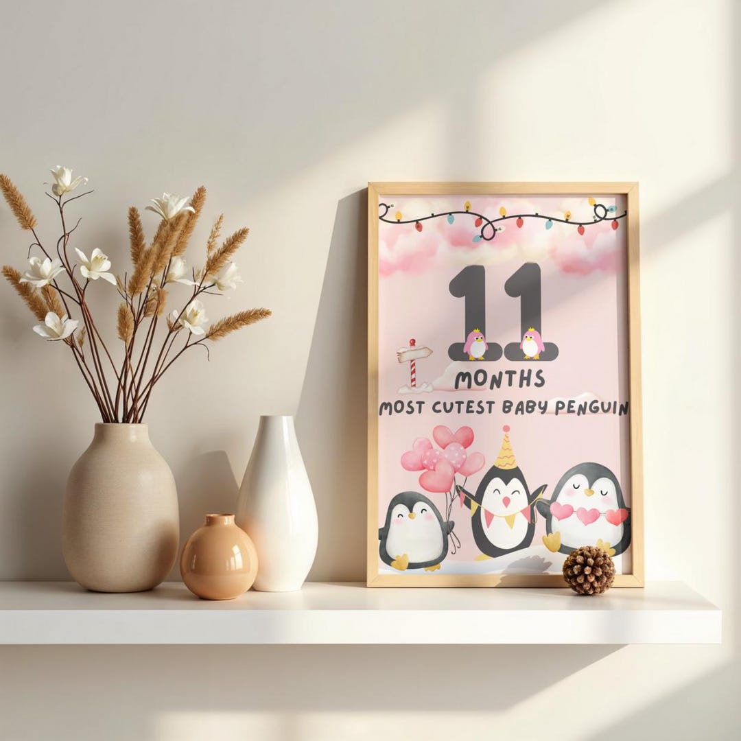 11 Months Baby Girl Penguin Birthday Card Pink Winter Baby Milestone ...
