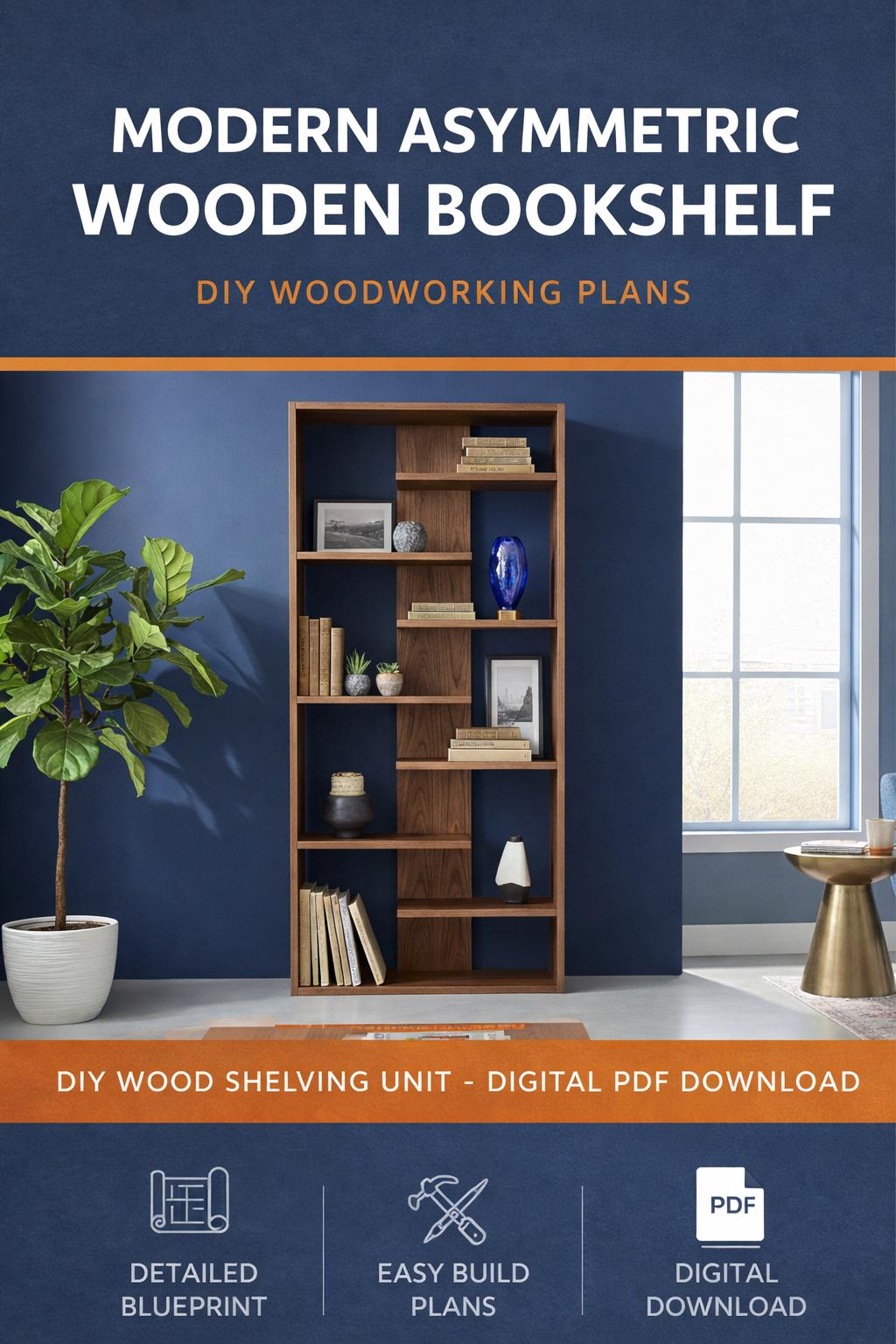 Beginner Asymmetric Wooden Bookshelf Plan - DIY Wall Cabinet Shelves ...