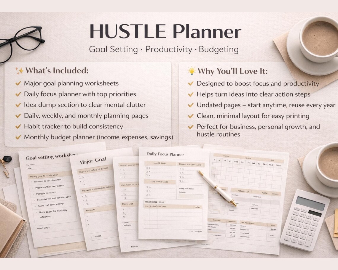 Hustle Planner Printable | Goal Setting, Daily Focus, Weekly & Monthly ...