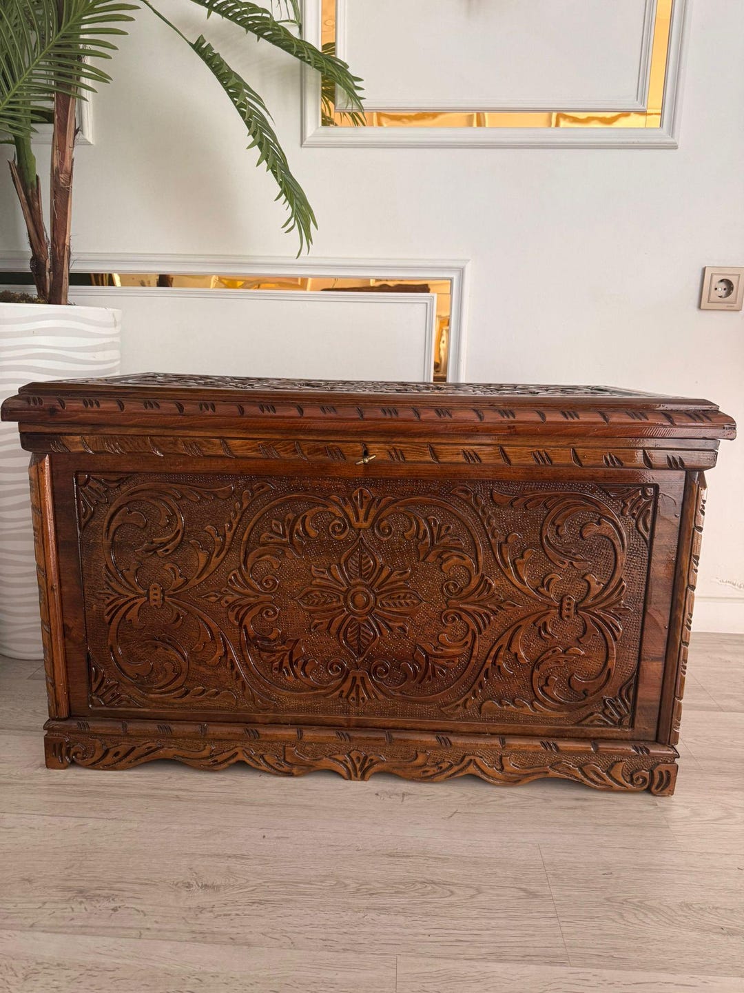 Hand Carved Walnut Wood Trunk Table, Turkish Storage Chest - Etsy