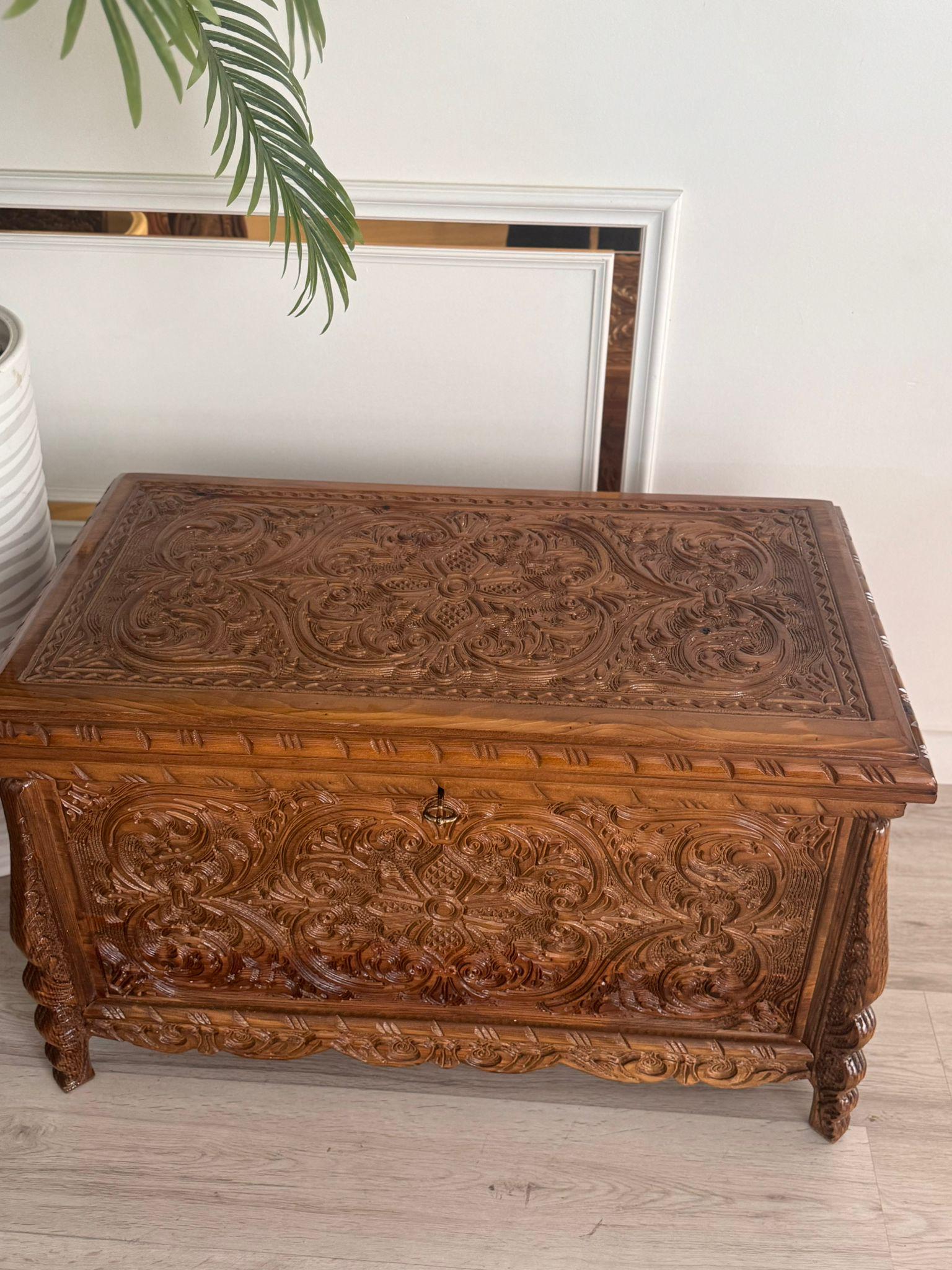 Large Hand Carved Wooden Chest, Rustic Storage Chest, Vintage Blanket ...