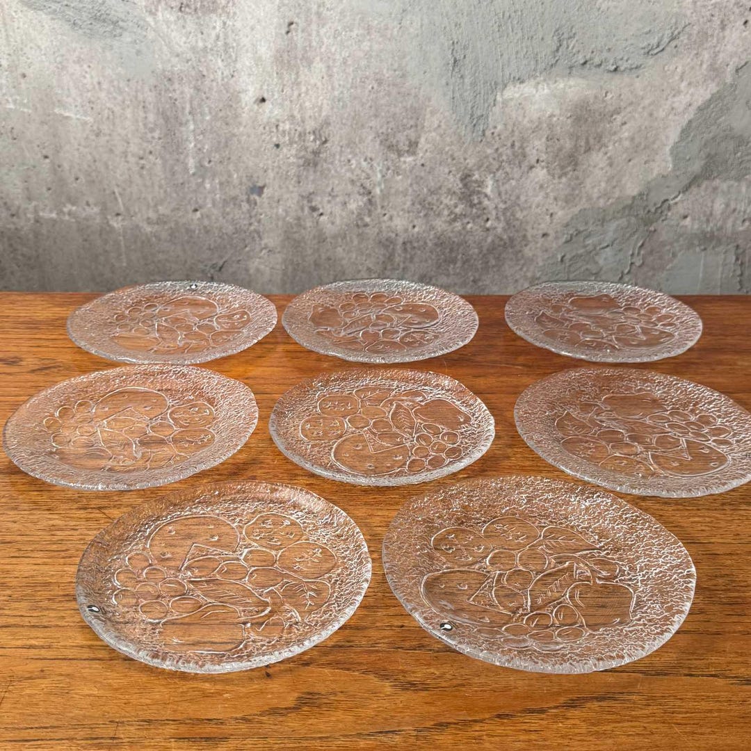 Vintage Set of 8 Heavy Textured Glass Plates by Pukeberg Glasbruk ...