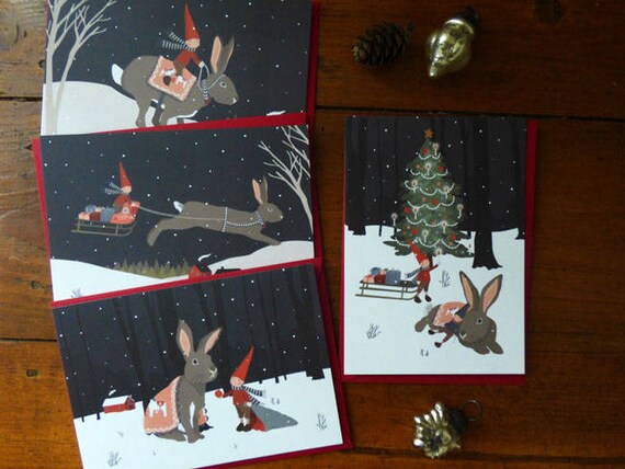 Set of 4 Giant Rabbit and Elf Christmas Postcards | Etsy