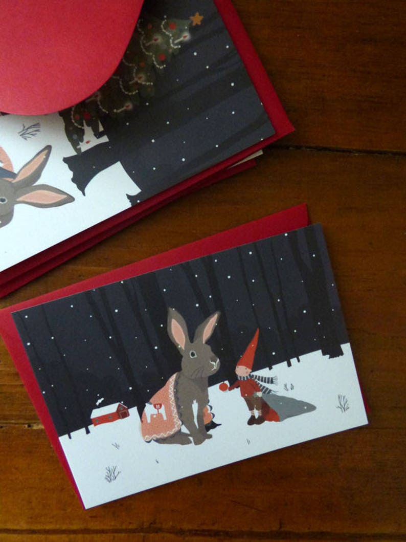 Set of 4 Giant Rabbit and Elf Christmas Postcards | Etsy