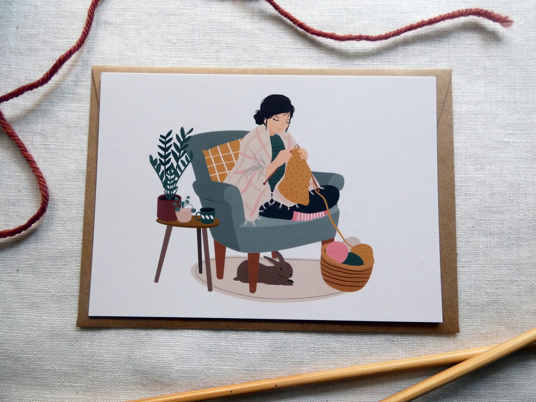 Knitting Girl Postcard - Etsy