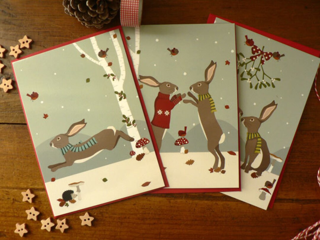 Set of 3 Christmas Postcards Featuring Christmas Rabbits in - Etsy