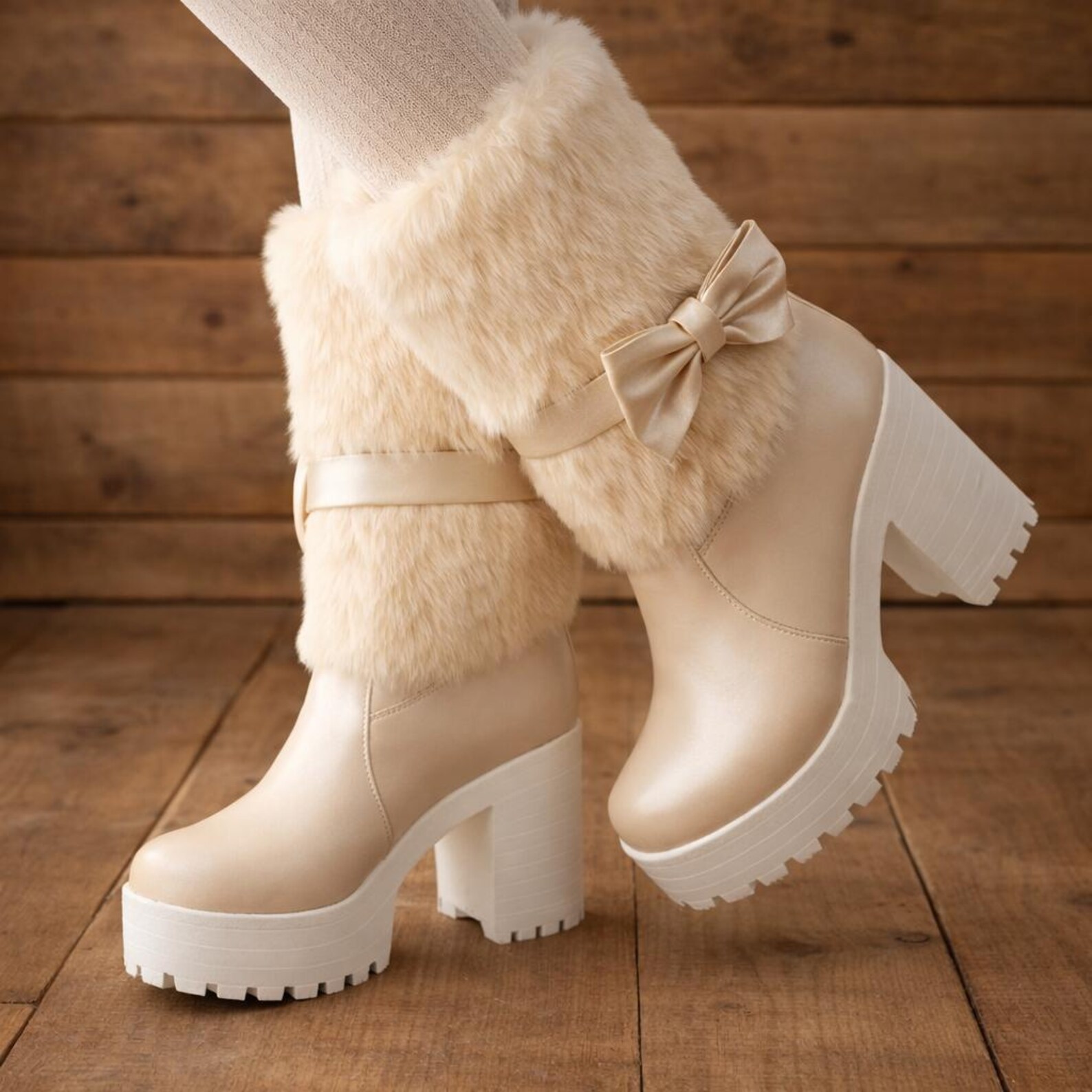 Women’s Faux Fur Platform Winter Boots With Chunky Heel and Bow Design ...
