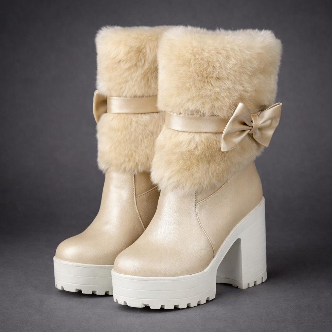 Women’s Faux Fur Platform Winter Boots With Chunky Heel and Bow Design ...