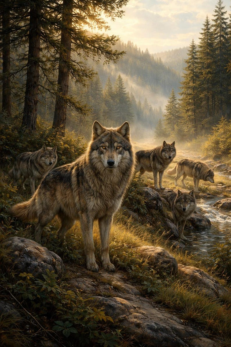 Wolf Pack Forest Art Print- Majestic Wolves Wall Art- Wilderness Nature ...