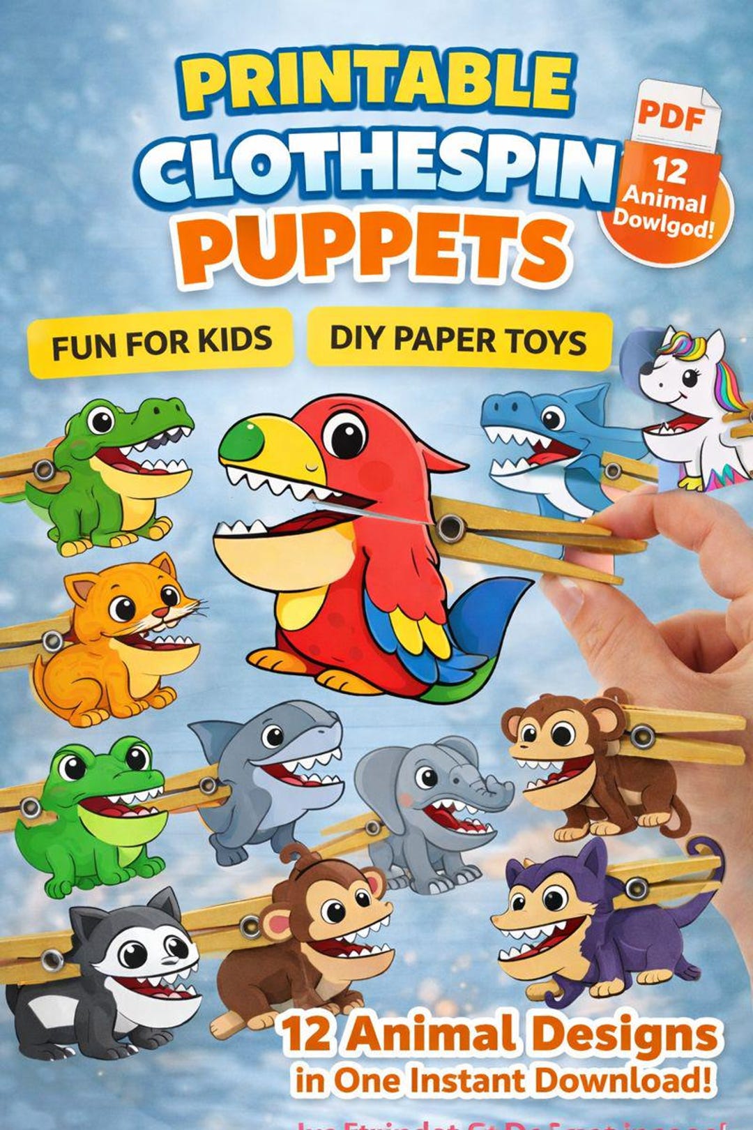 DIY Animal Clothespin Puppets – Printable Craft Activity PDF, Instant ...