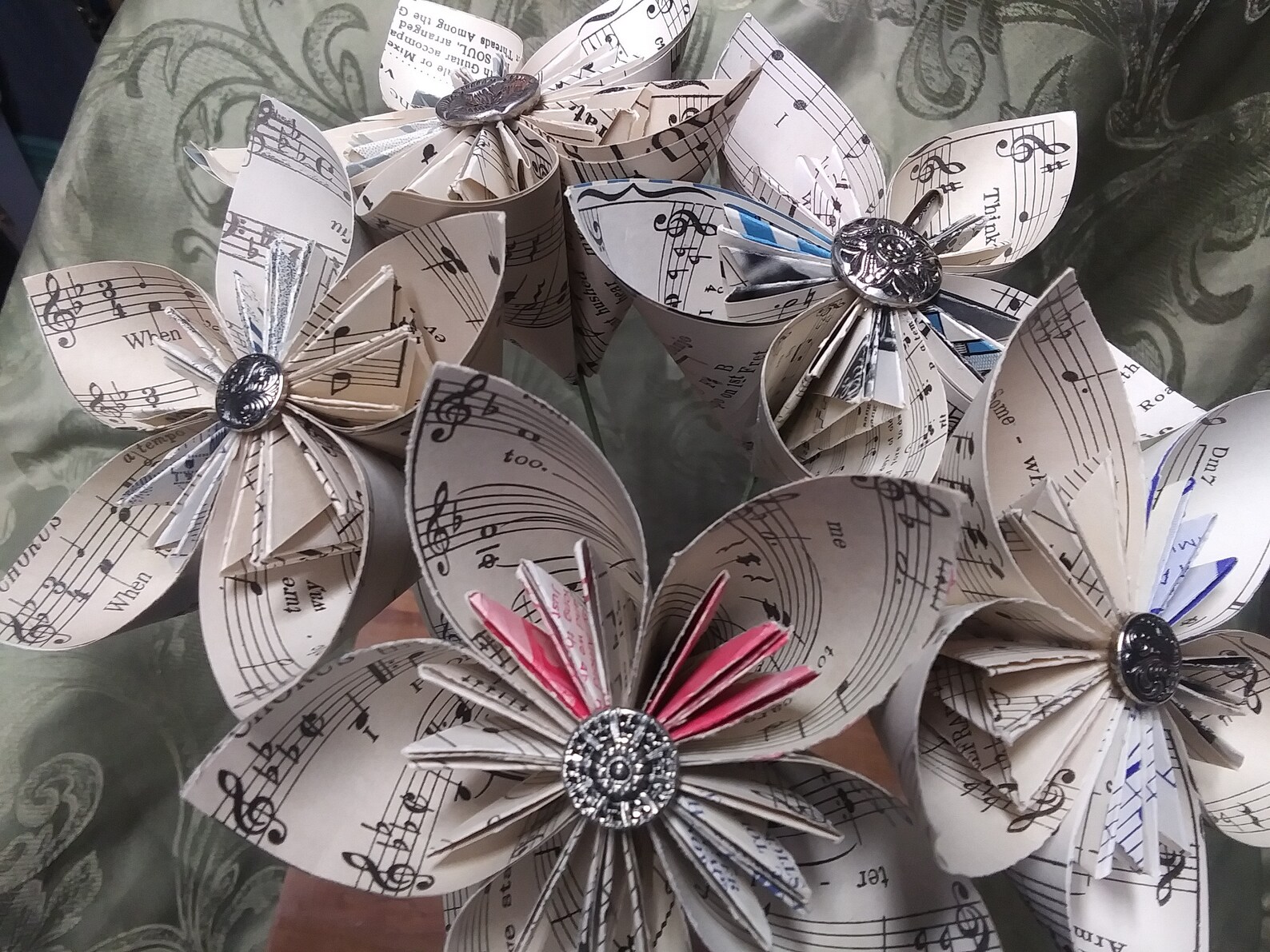 Bouquet of 6 Vintage Sheet Music Paper Flowers With Vintage Buttons in ...