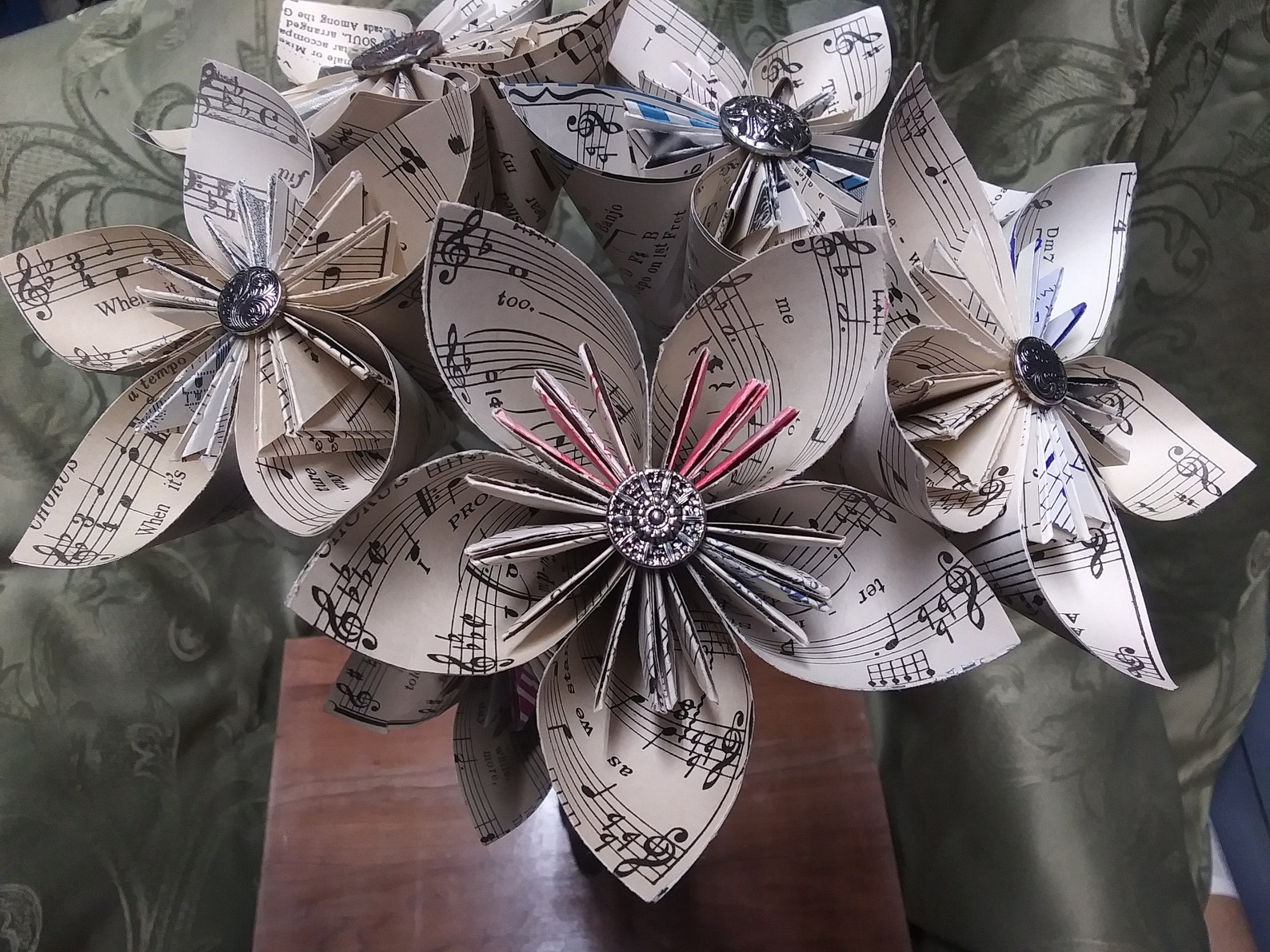 Bouquet of 6 Vintage Sheet Music Paper Flowers With Vintage Buttons in ...