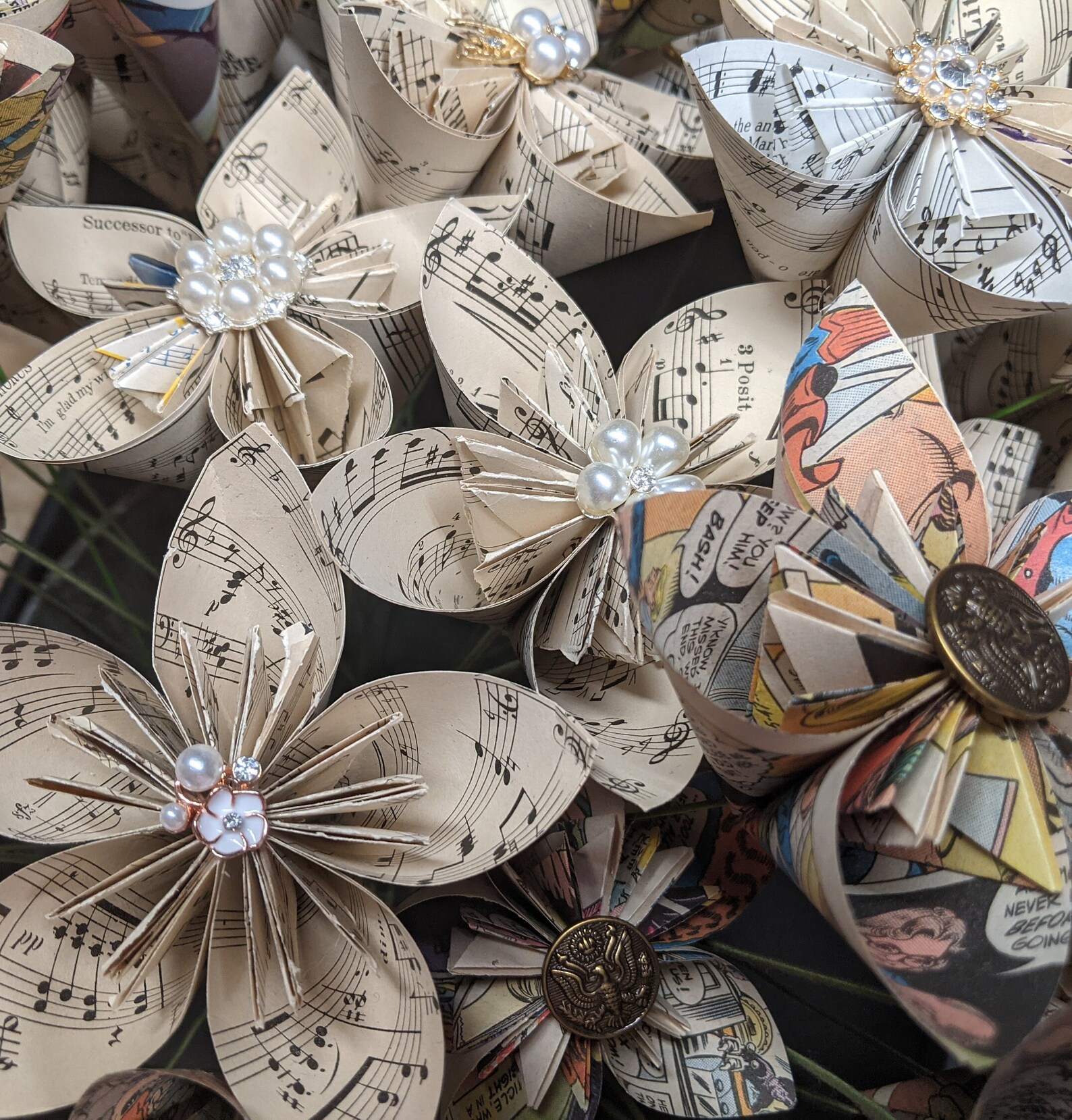 Bouquet of 6 Vintage Sheet Music Paper Flowers With Vintage Buttons in ...