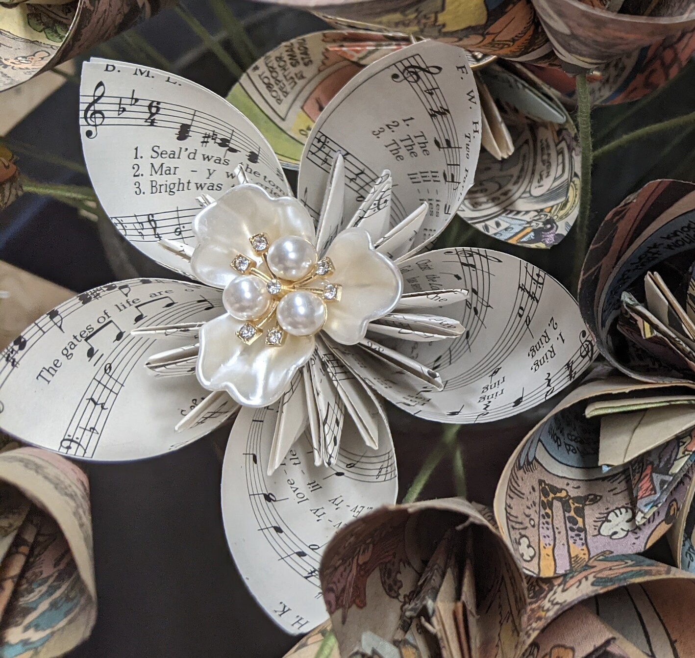 Bouquet of 6 Vintage Sheet Music Paper Flowers With Vintage Buttons in ...