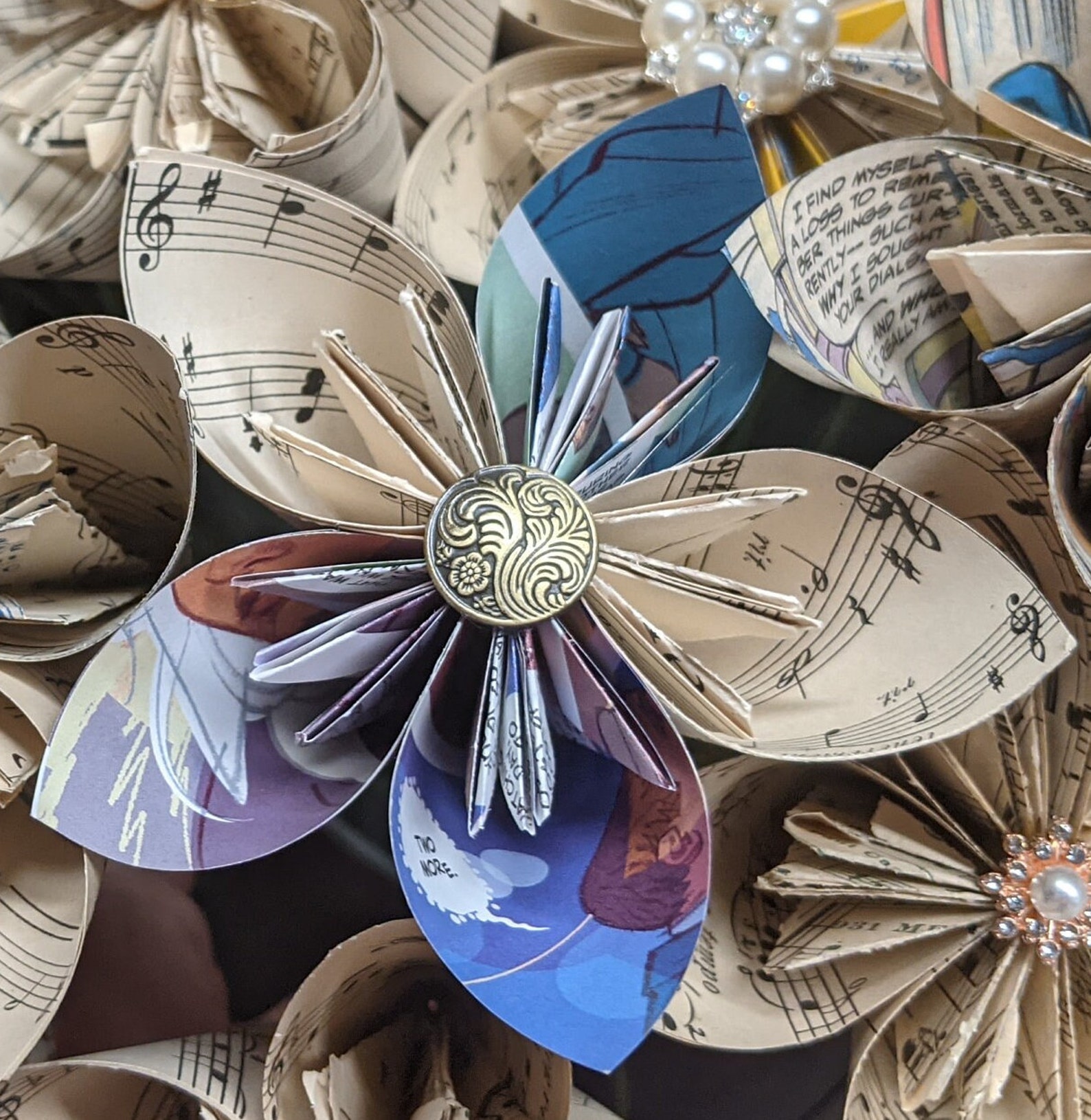 Bouquet of 6 Vintage Sheet Music Paper Flowers With Vintage Buttons in ...