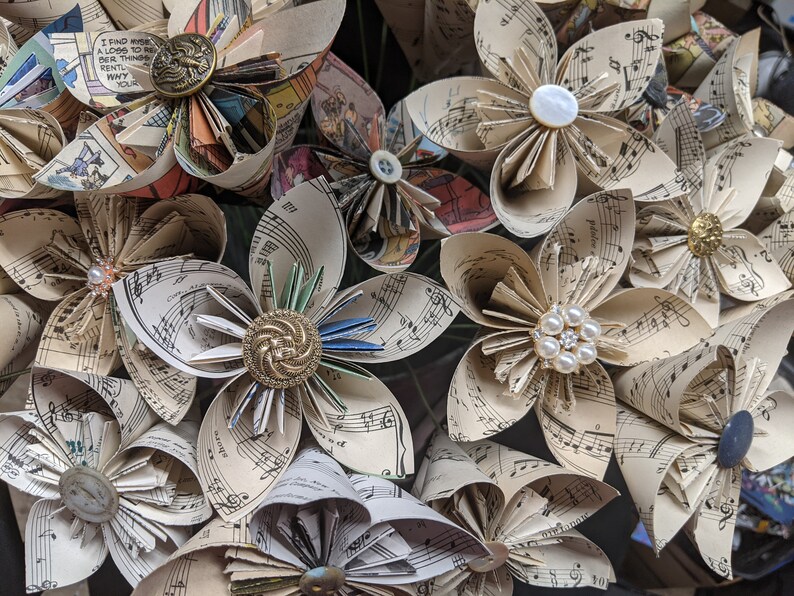 Bouquet of 6 Vintage Sheet Music Paper Flowers With Vintage Buttons in ...