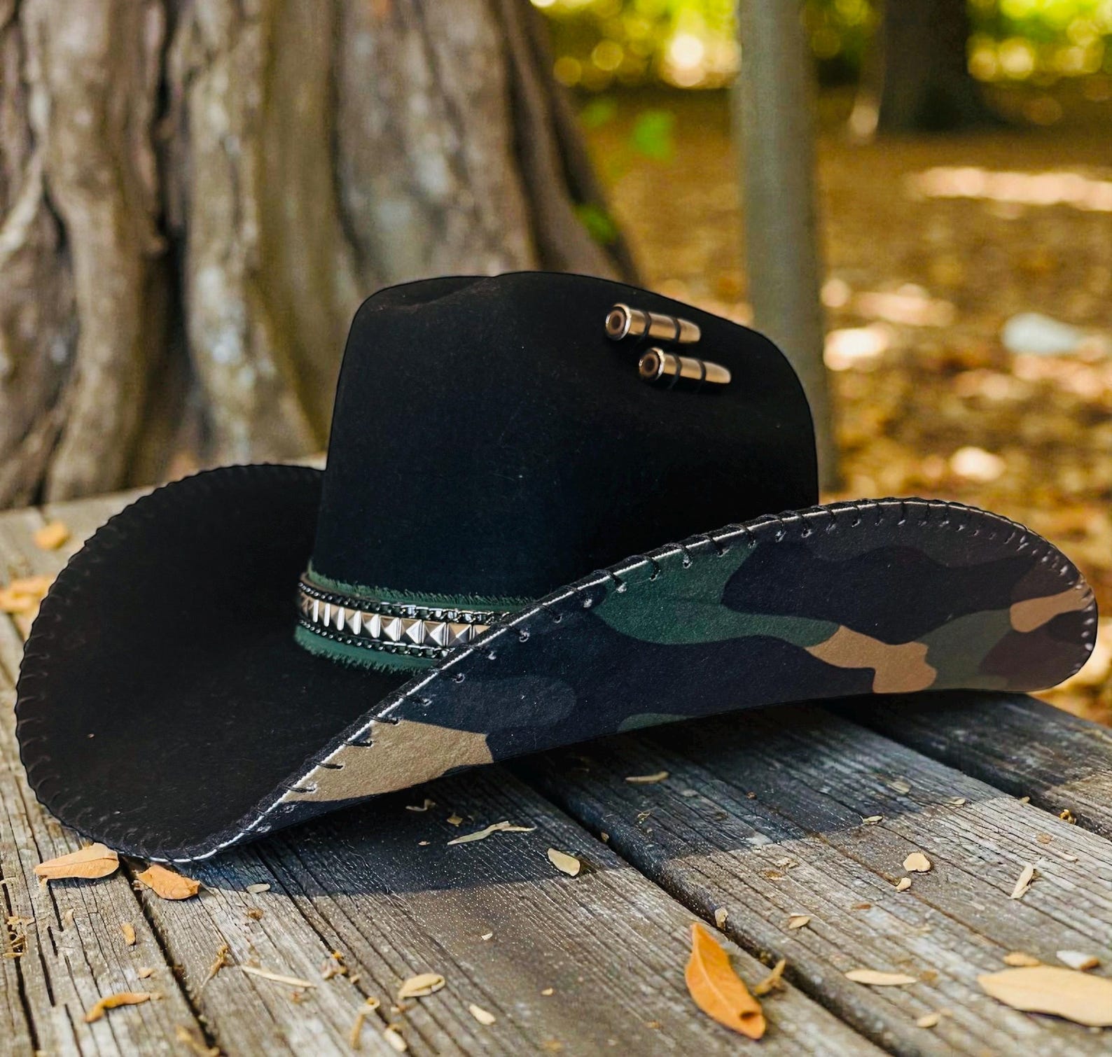 100% Wool Black Cowboy Hat With Camo Suede Like Fabric Handstitched to ...