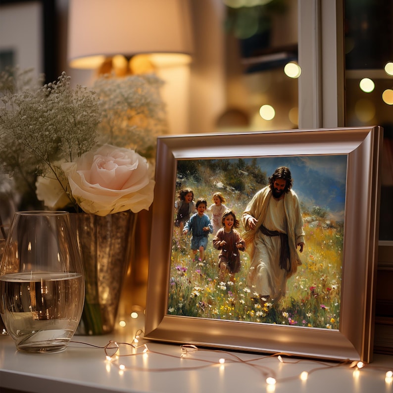 Jesus Christ Running and Playing With Children in a Spring Meadow ...