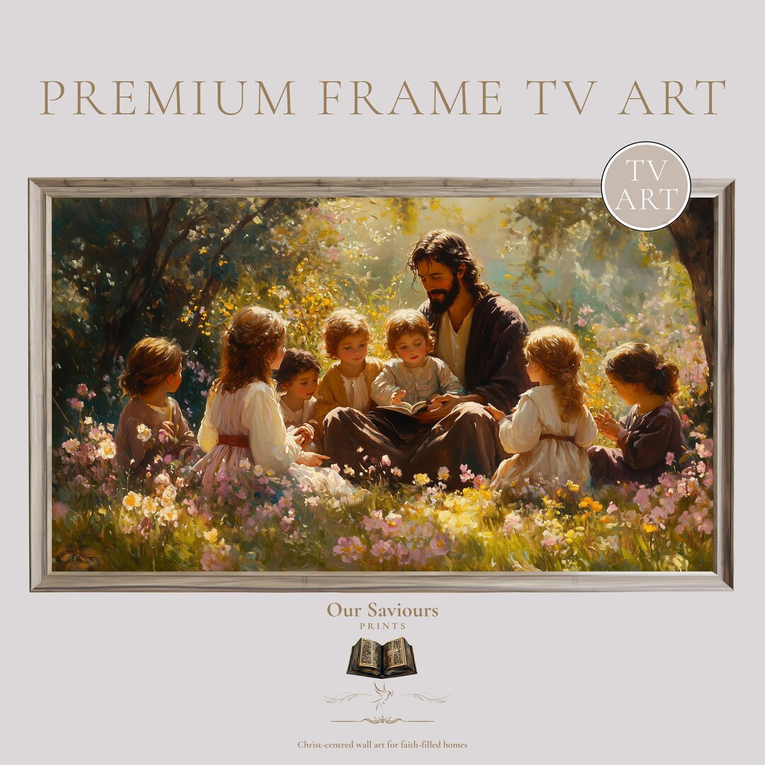 Jesus Christ Talking With Children Frame TV Art, Christian Pastoral ...