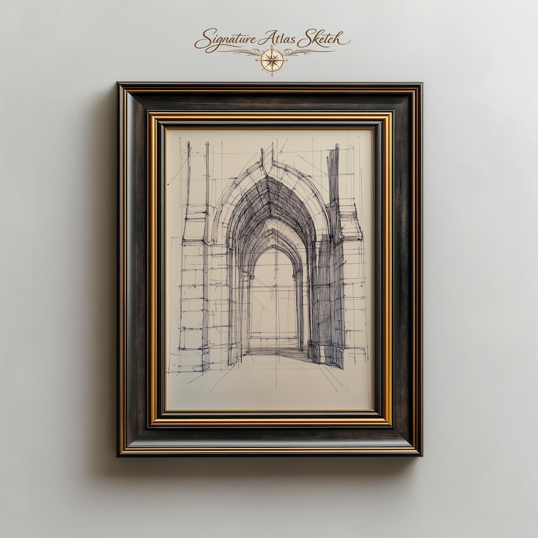 Vintage Sketch of Gothic Cathedral Doorway, Architectural Ink Drawing ...