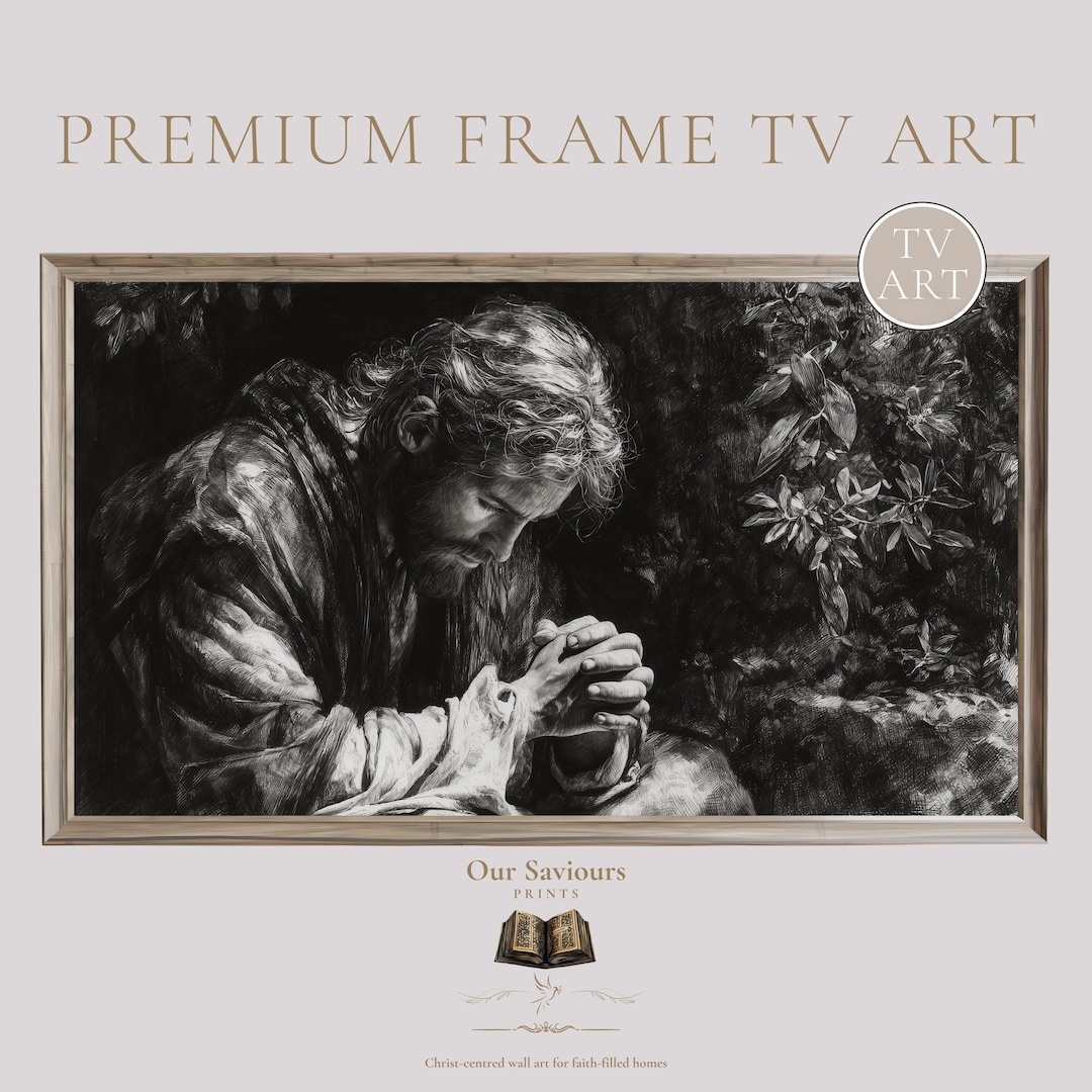 Dramatic Jesus Praying Art for Frame TV, Moody Charcoal Wall Art ...
