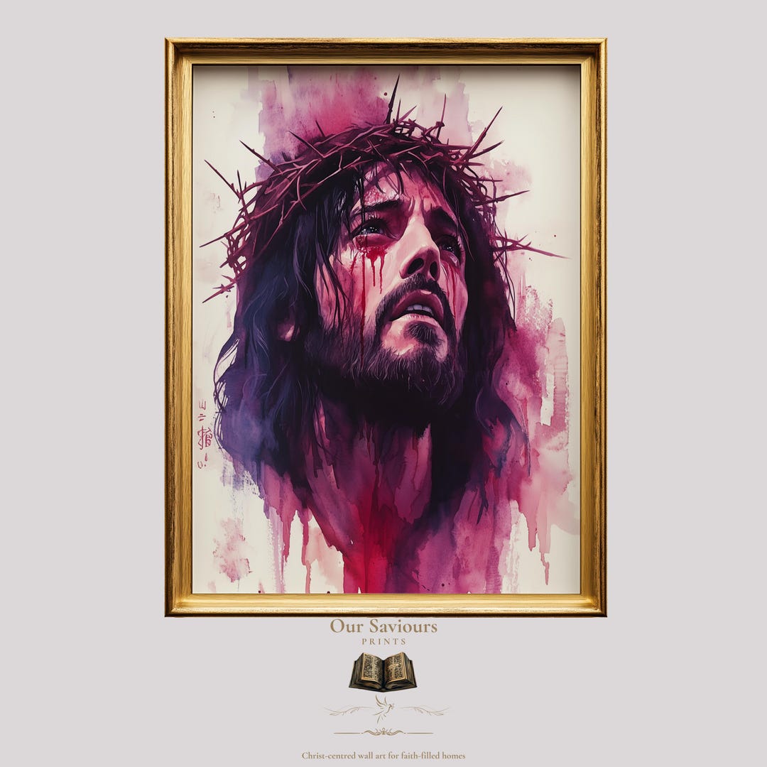 Tear-streaked Jesus Portrait in Watercolor - Moody Religious Wall Art ...