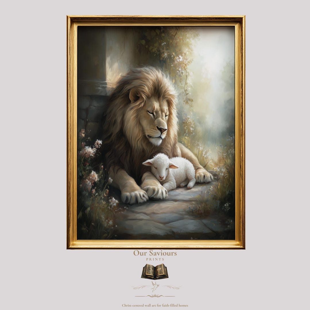 Sacred Lion of Judah and Lamb of God Oil Art - Christian Wall Art ...